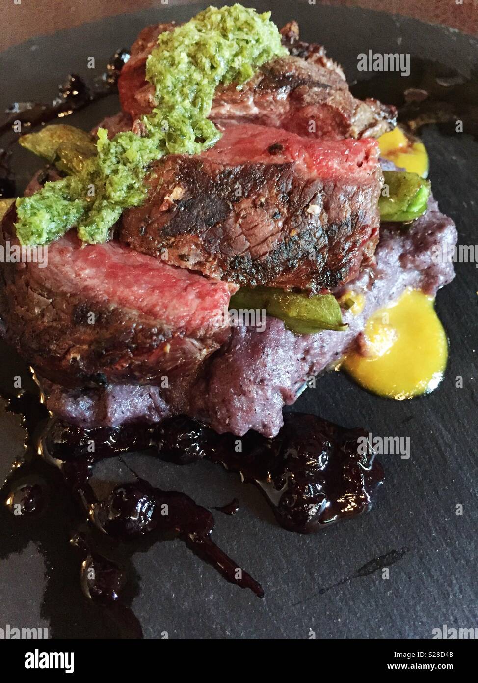 Medium rare bison steak entrée at upscale restaurant, Fort Benton ...