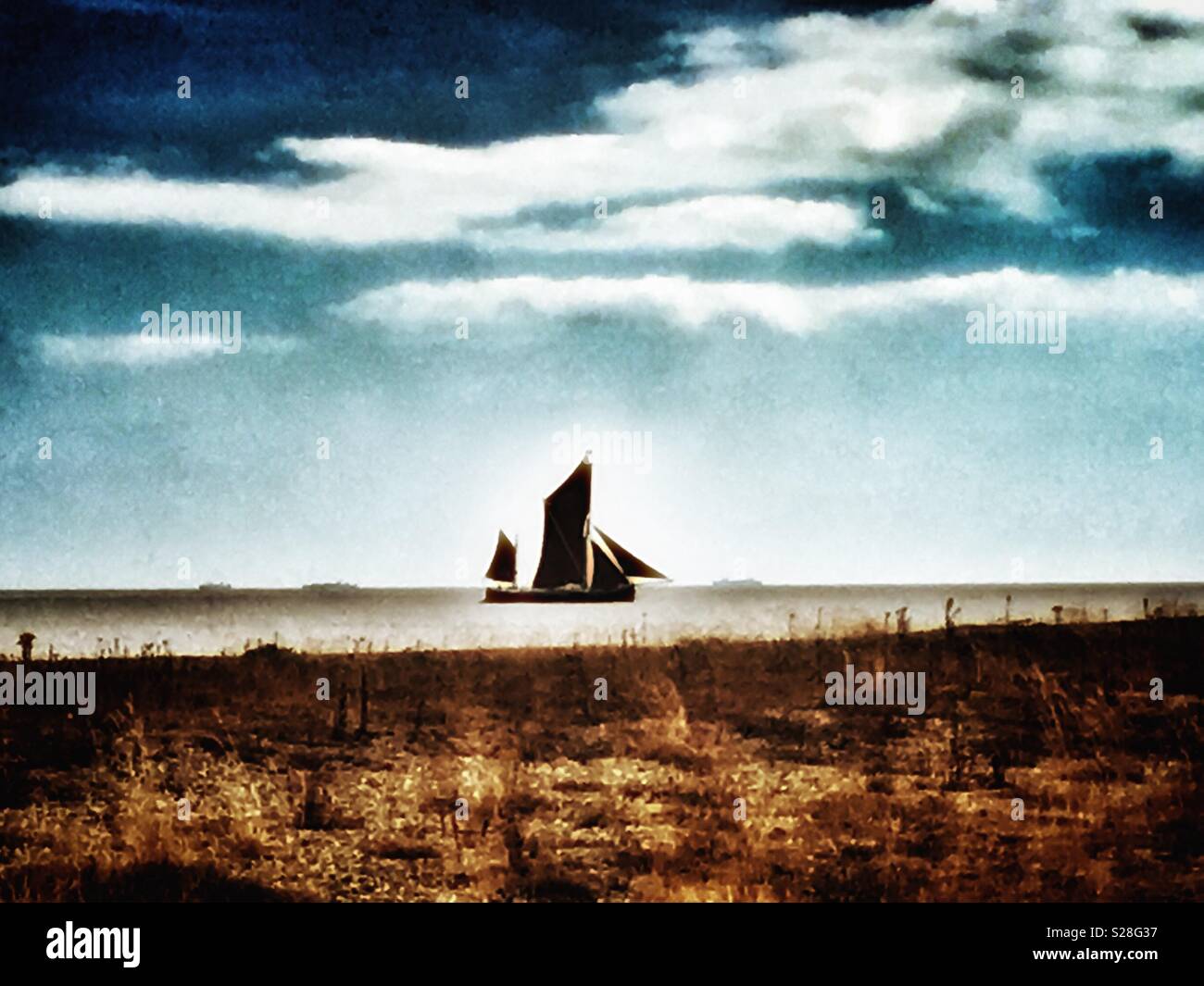 Historic sailing barge, North Sea coast, Shingle Street, Suffolk ...
