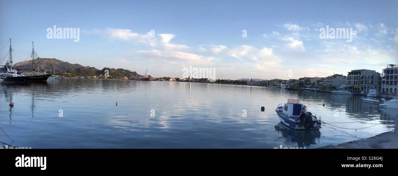 Panoramic view of the harbour in Zakinthos Greece with a blue sky and ...