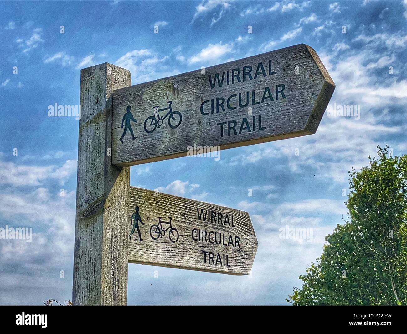 Wooden signs indicating footpath and cycle path on the Wirral Circular ...