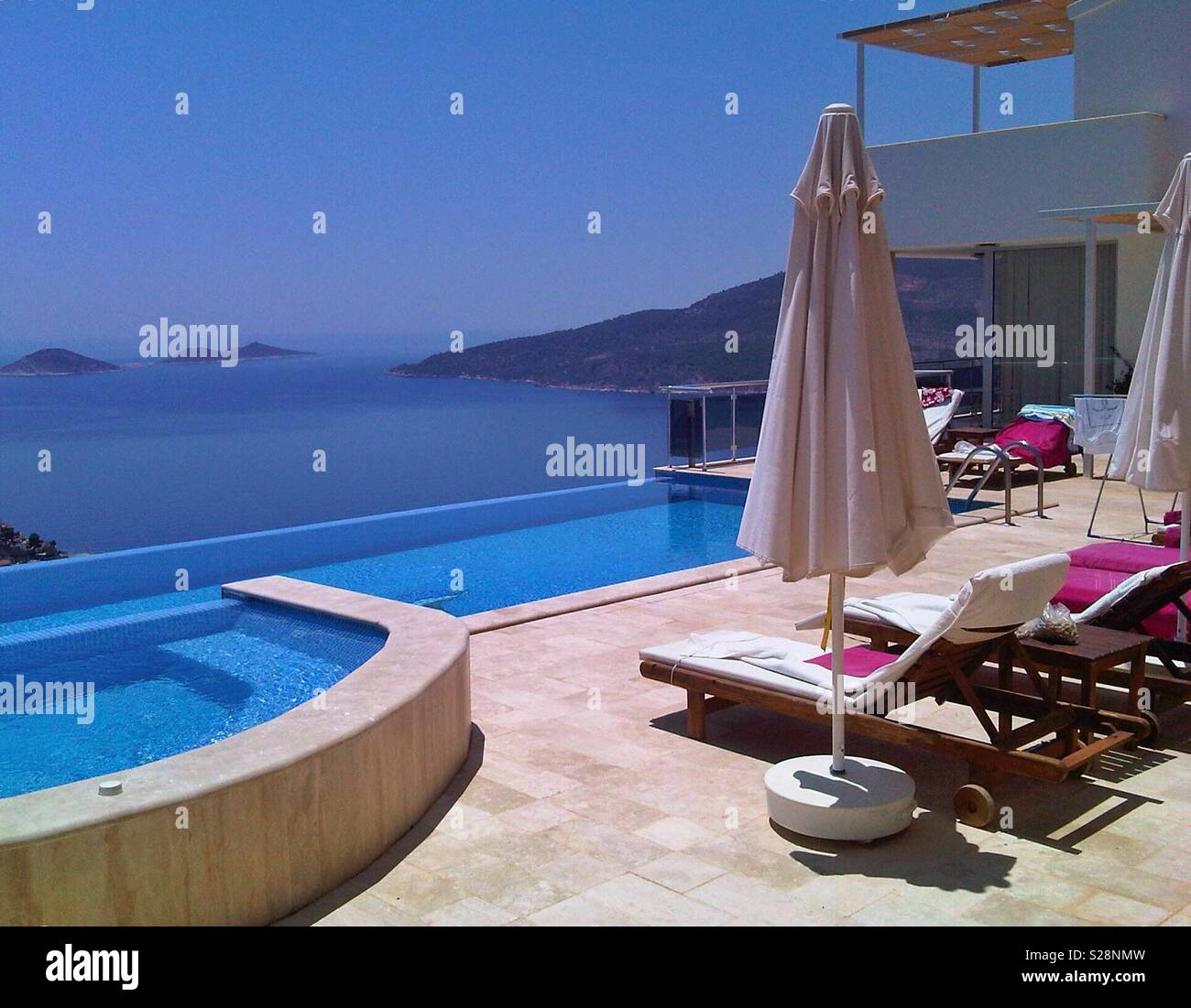 Balcony overlooking the sea with infinity pools Stock Photo - Alamy