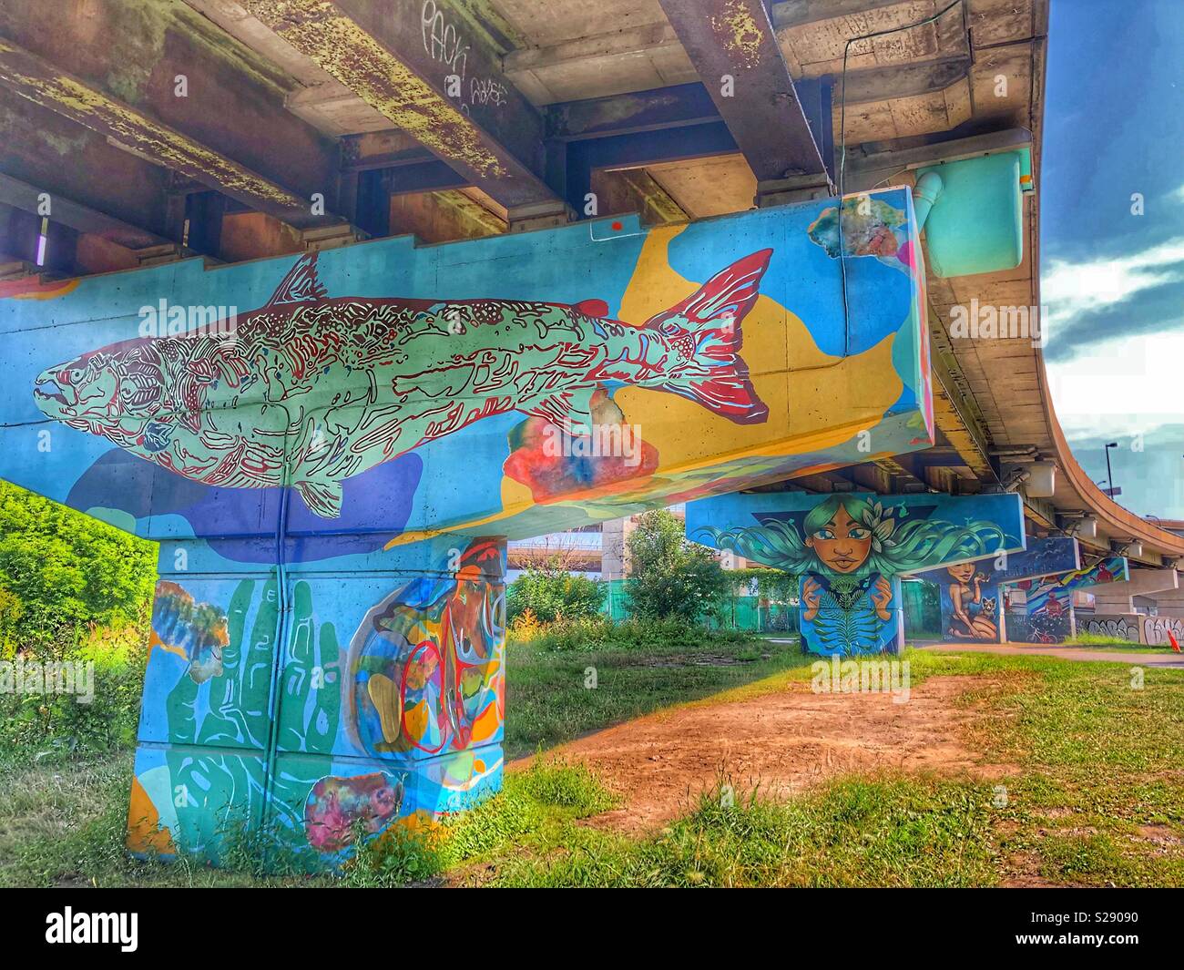 Colourful support pillars with indigenous art work in Toronto, Canada ...