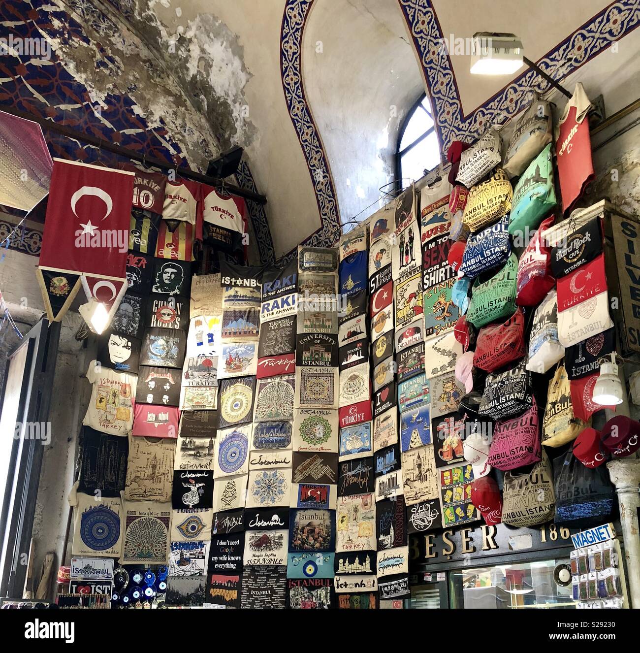 Colorful covered wall at flea market (Grand Bazaar, Istanbul, Turkey ...