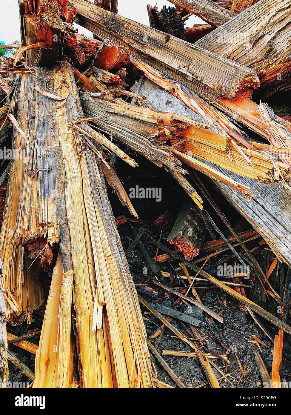 Piled broken wooden timbers Stock Photo - Alamy