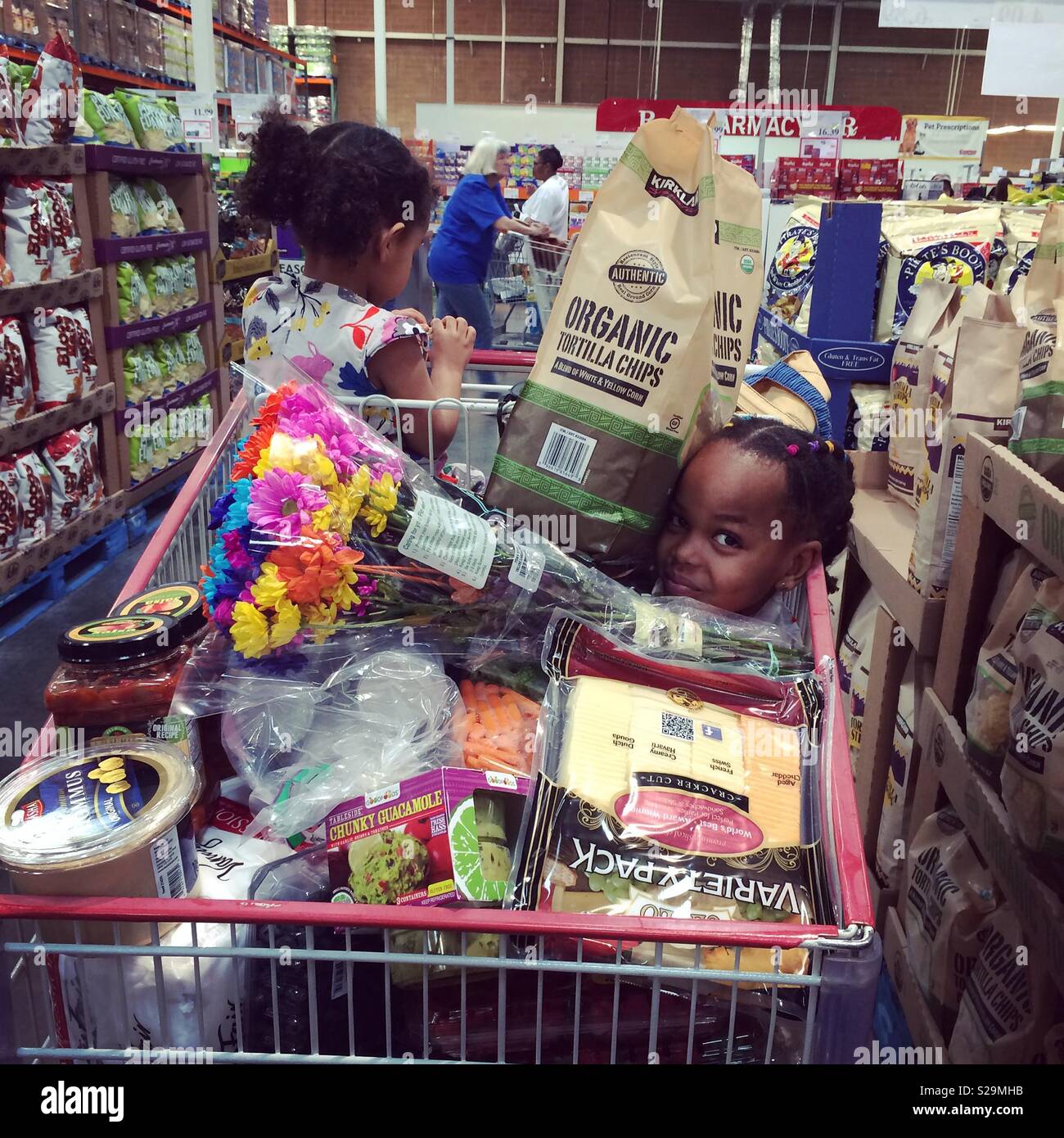 Girl buried in a cart full of food Stock Photo - Alamy