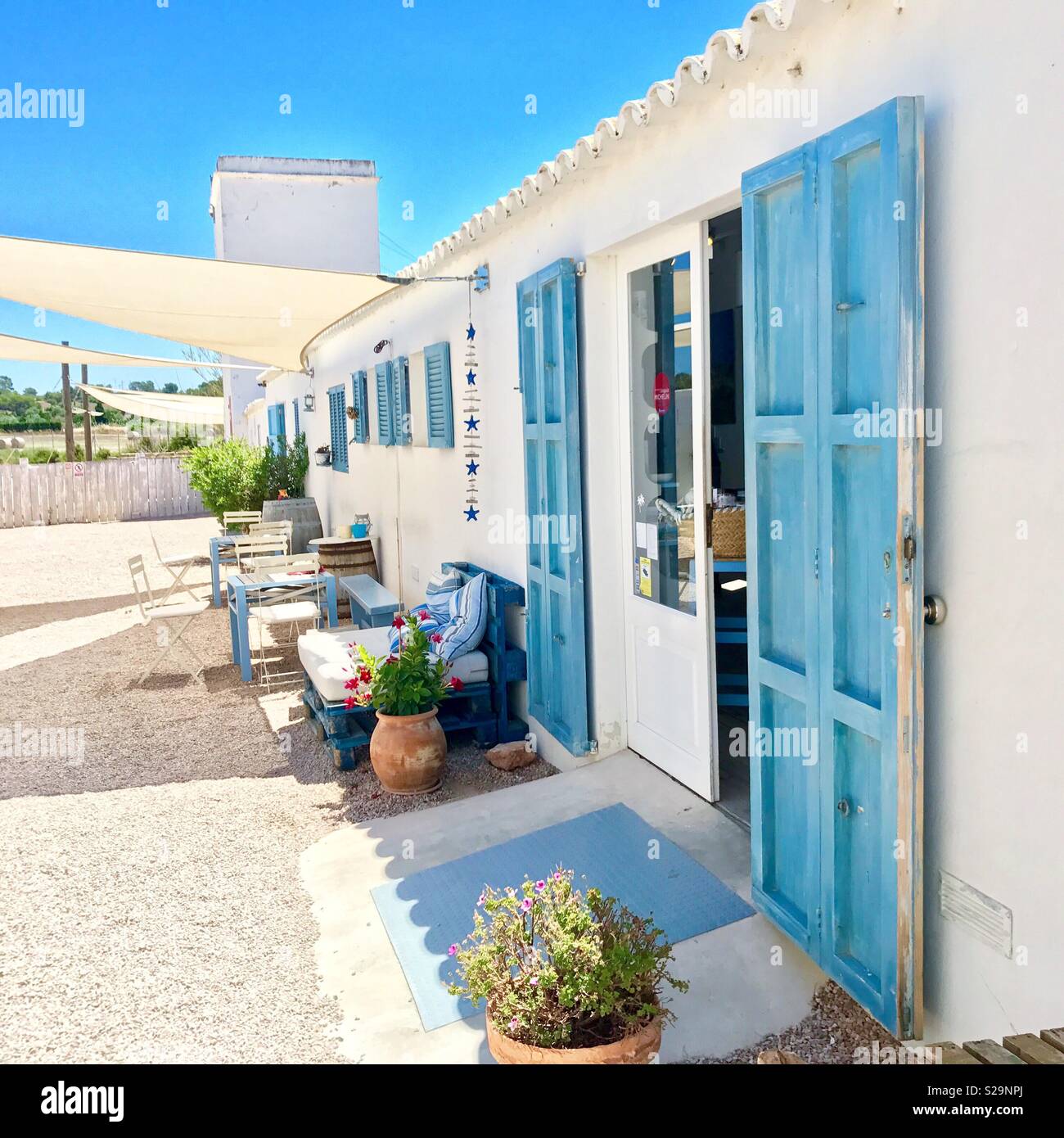 Beach blue and white Mallorca Stock Photo - Alamy
