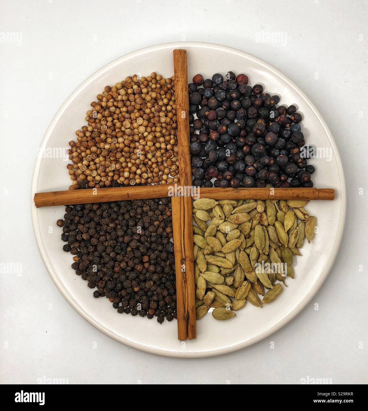 A plate of herbs and spices: cinnamon sticks, cardamon pods, juniper ...