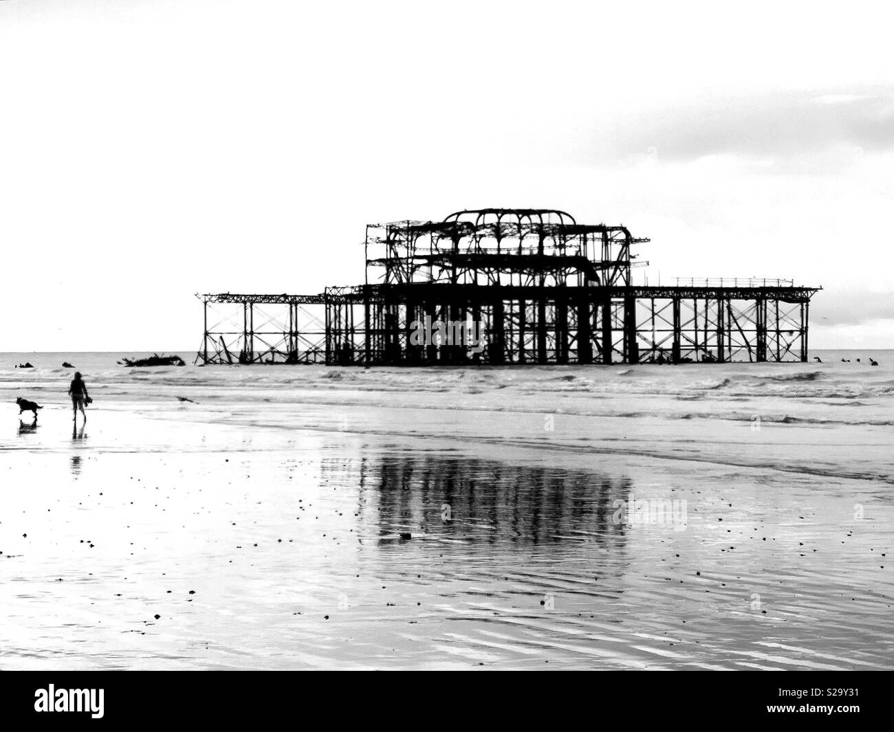 Old Brighton pier with woman and dog on beach Stock Photo - Alamy