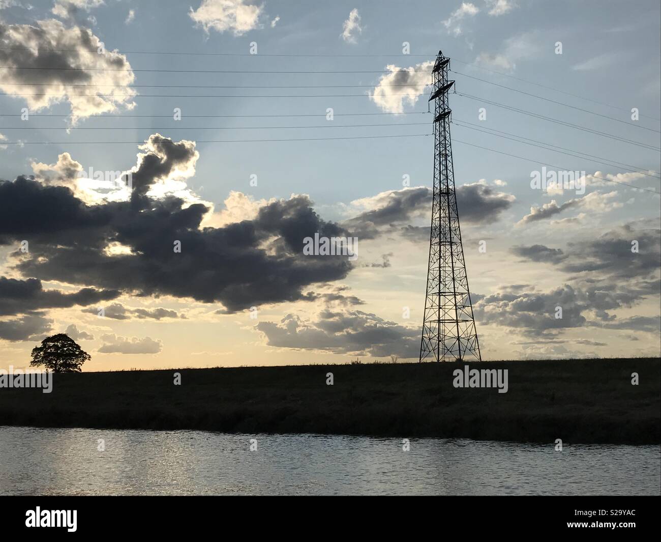 Electricity pylon in Lincolnshire. Picture taken from a boat on the ...