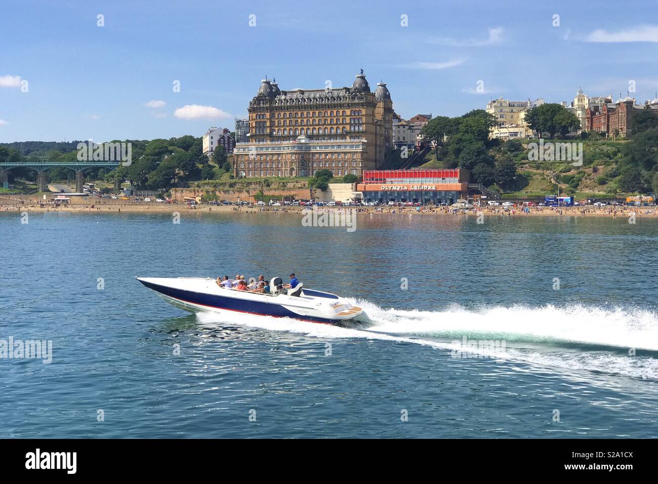 Speedboat and Grand Hotel South Bay Scarborough Yorkshire,UK Stock ...