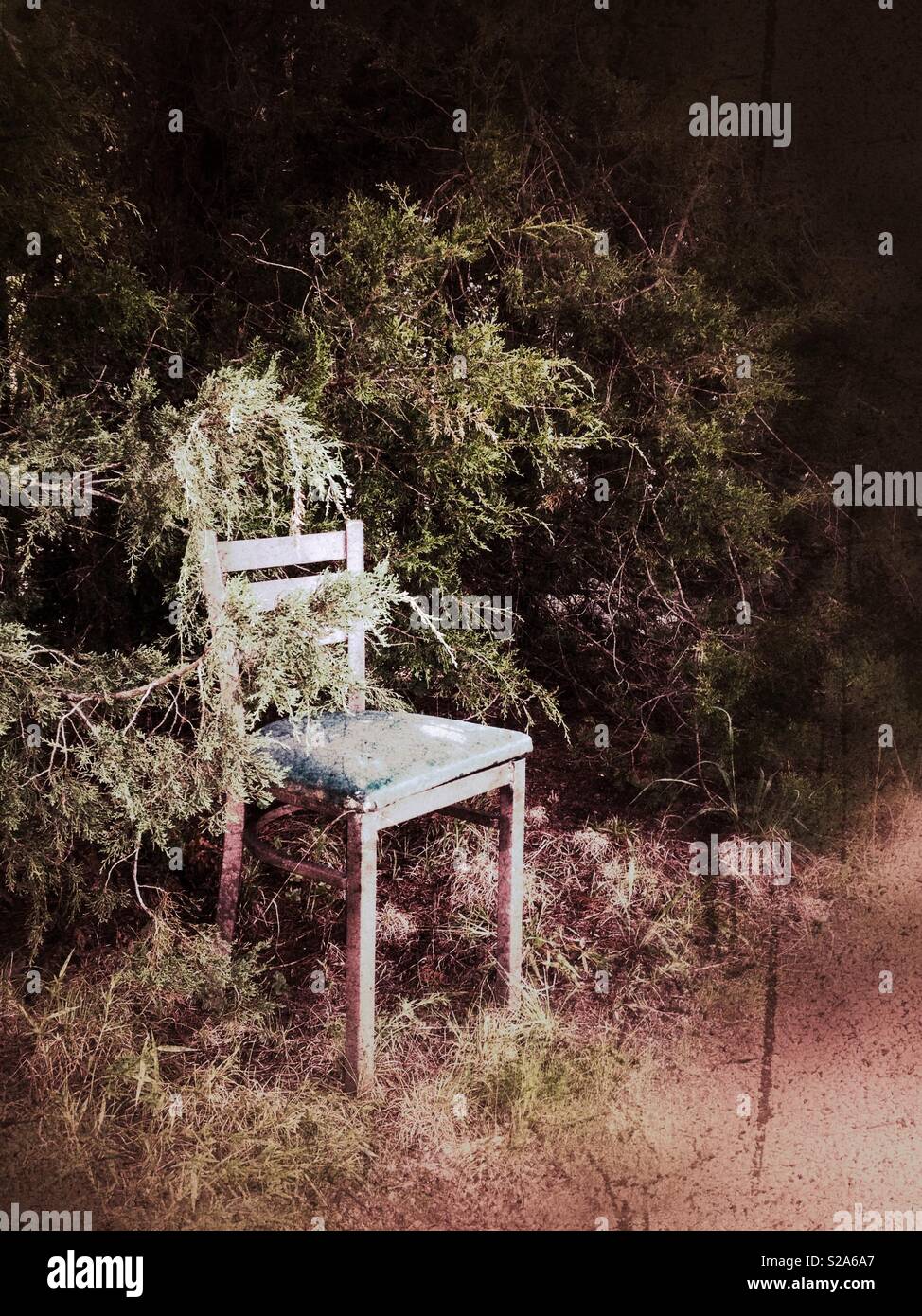 Grunge effect on photo of metal chair in woods Stock Photo - Alamy