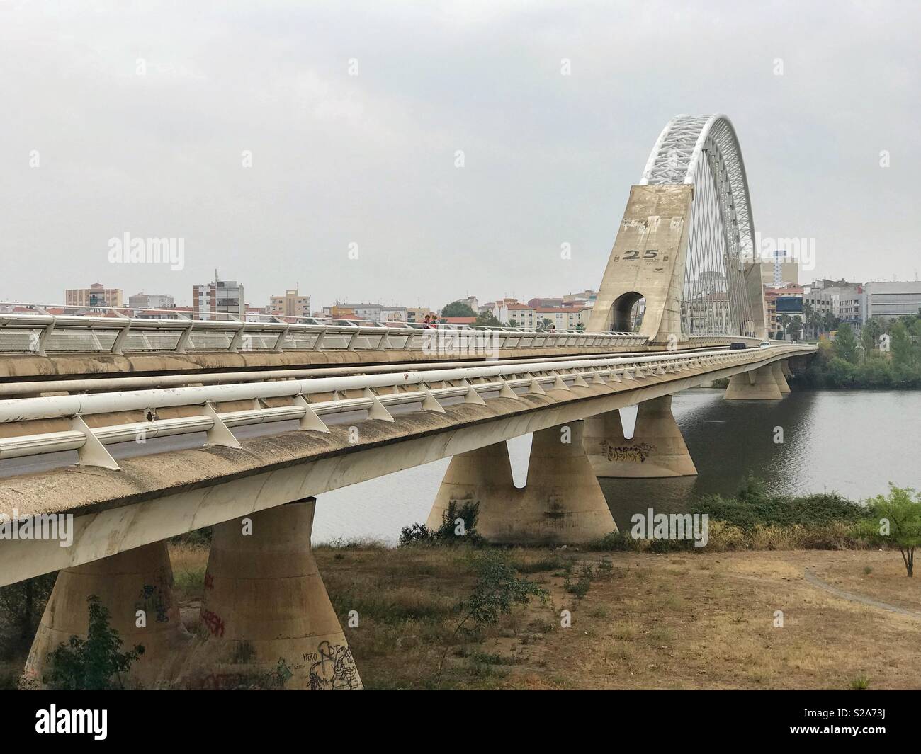 Side view of the lusitania bridge in the city of Merida, Extremadura ...
