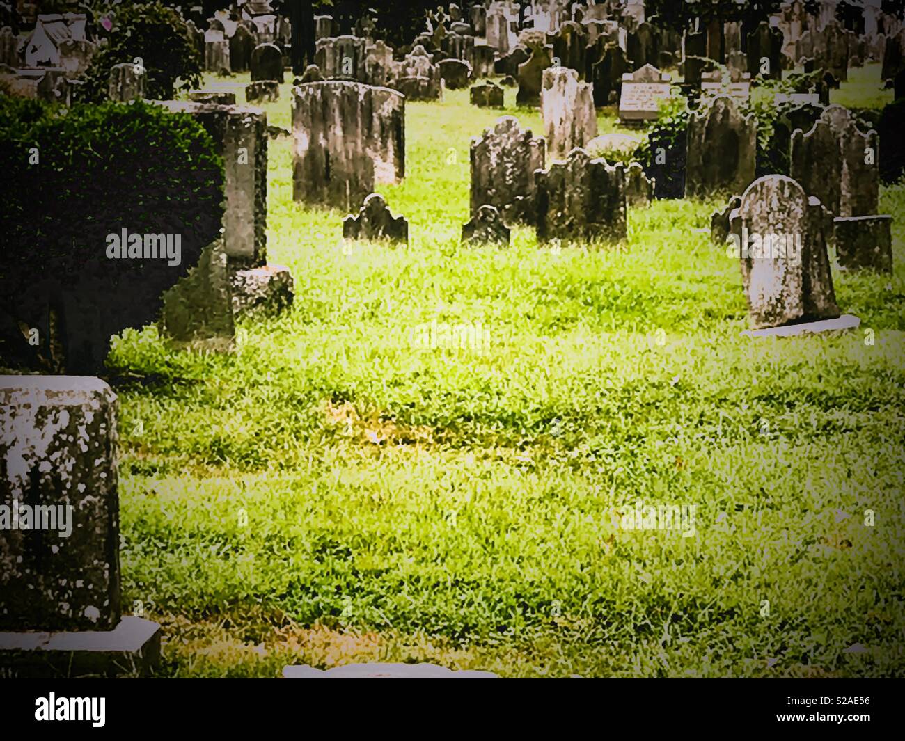 Eerie cemetery with grave stones and grassy patch Stock Photo - Alamy