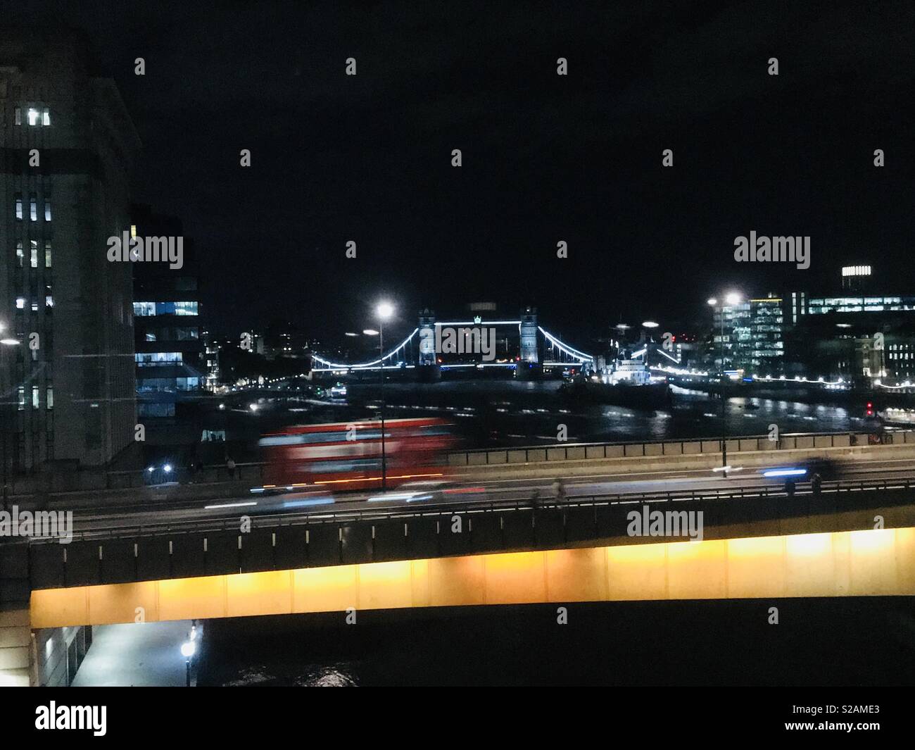 Red Bus on London Bridge at night Stock Photo - Alamy