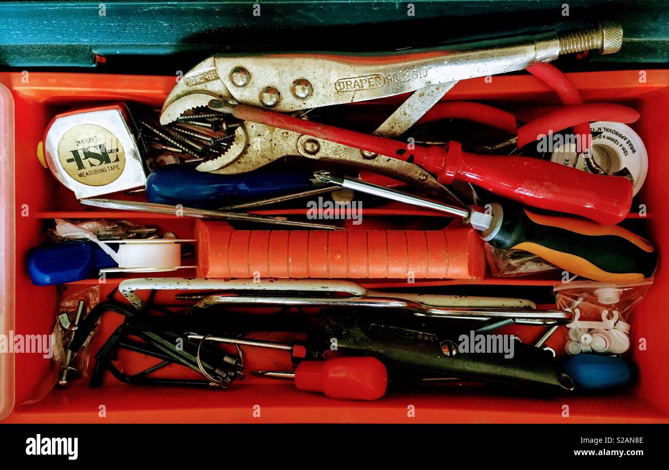The contents of a toolbox seen from above Stock Photo - Alamy
