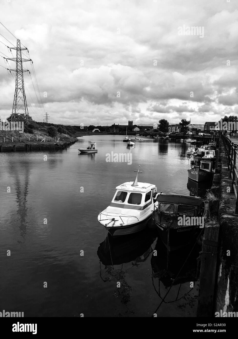 Black and white image of fishing boats on the river Derwent at ...