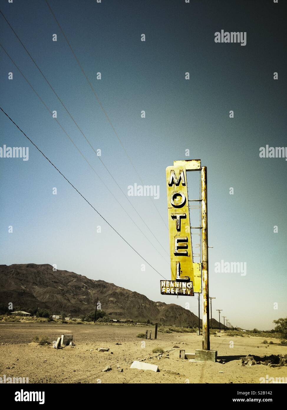Neon sign for the abandoned Motel along Route 66. Newberry Springs ...