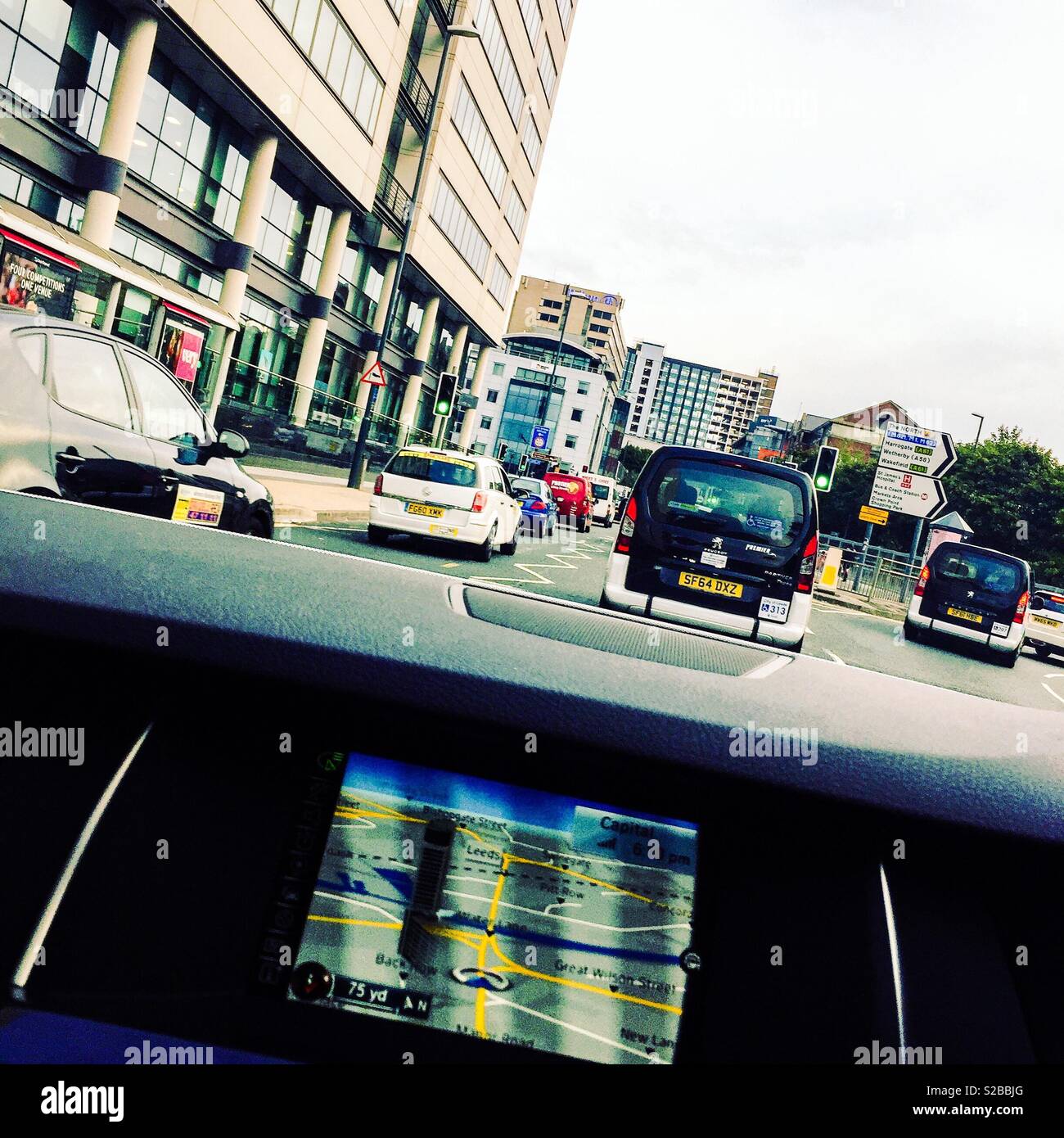 Driving to Leeds city centre in a BMW 5 series car Stock Photo - Alamy