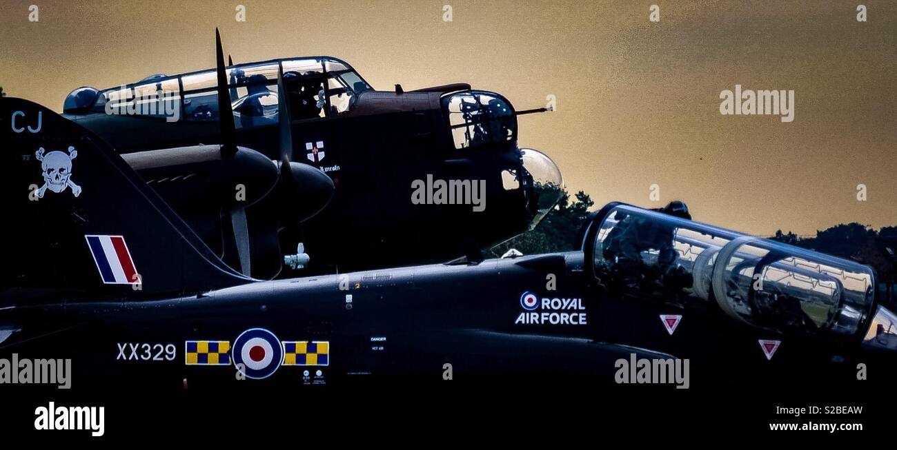 Lancaster behind RAF Hawk side view Stock Photo - Alamy