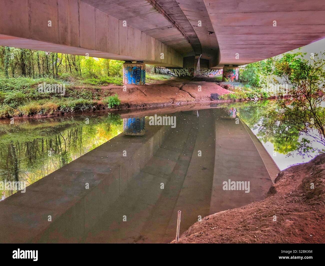 Dual carriageway bridge over the River Ely, Cardiff, with graffiti ...