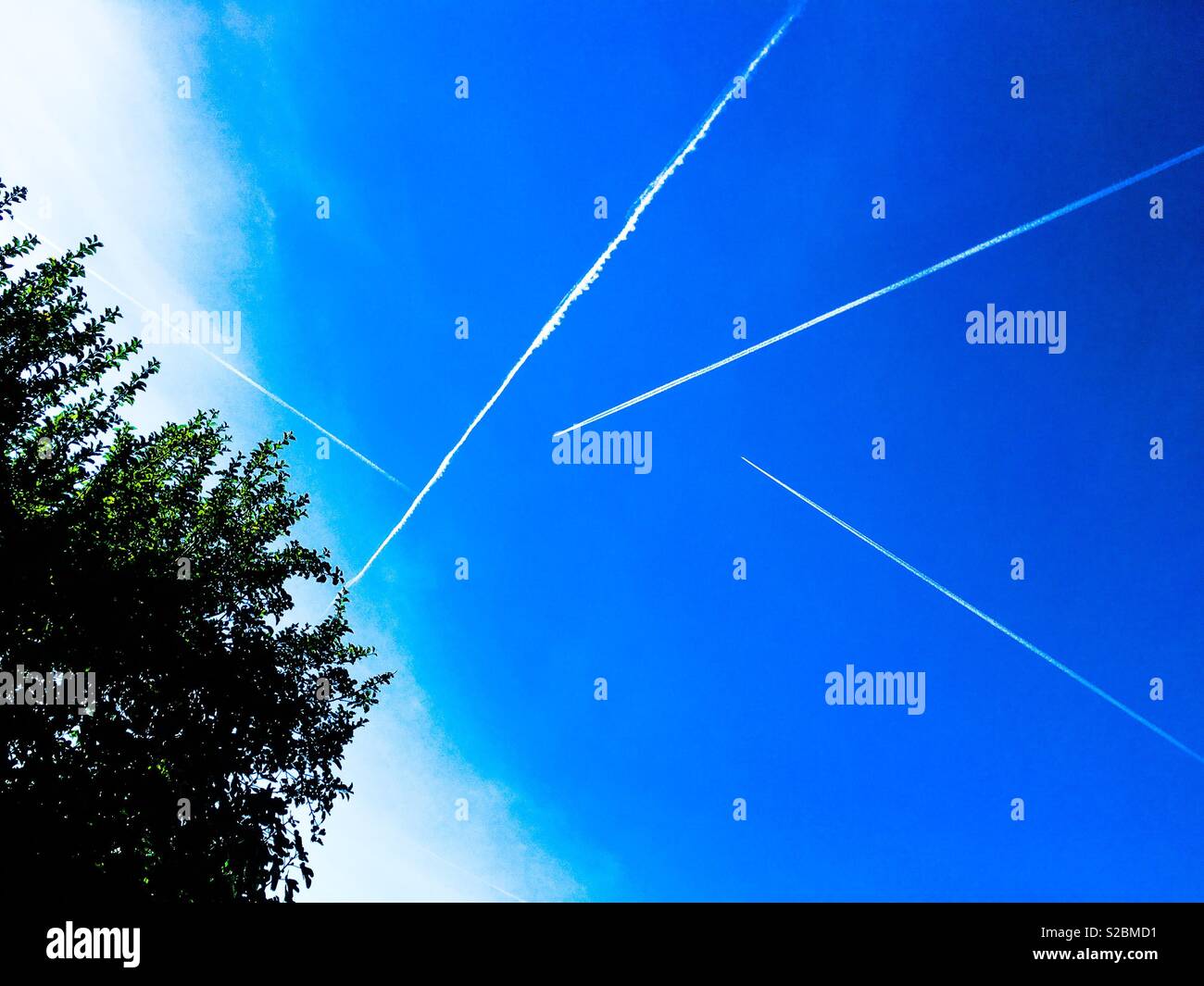Three converging con trails in a clear blue sky above rural Oxfordshire ...