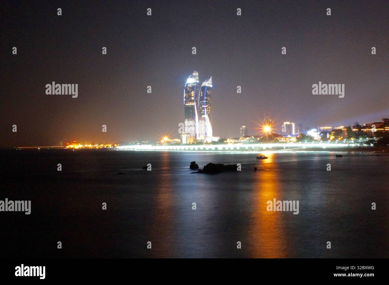 Night view of the Xiamen Coast, along the beach, Fujian Province, China ...