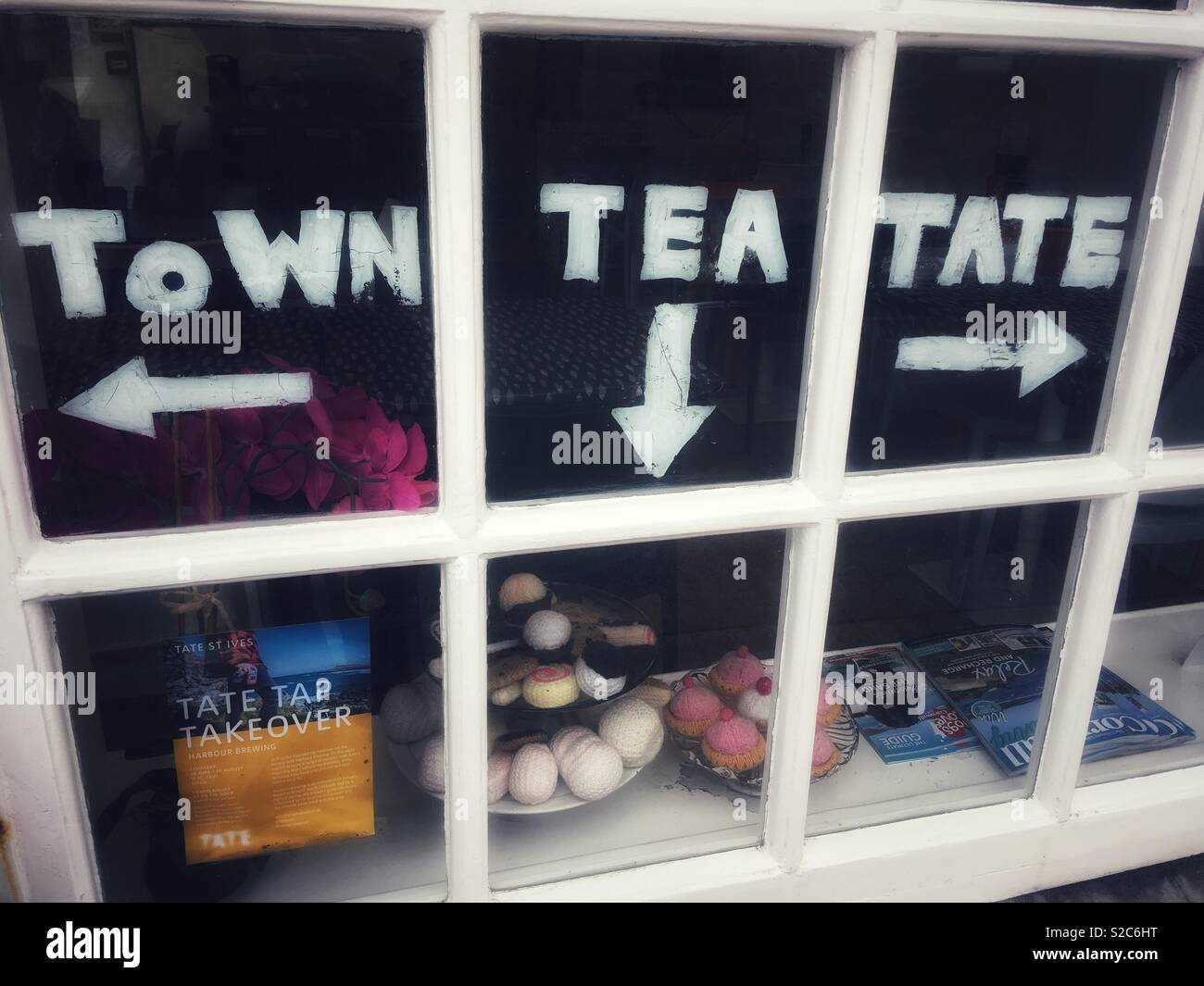 Humorous Sign in a tea shop window with directions to Town, Tea and the ...