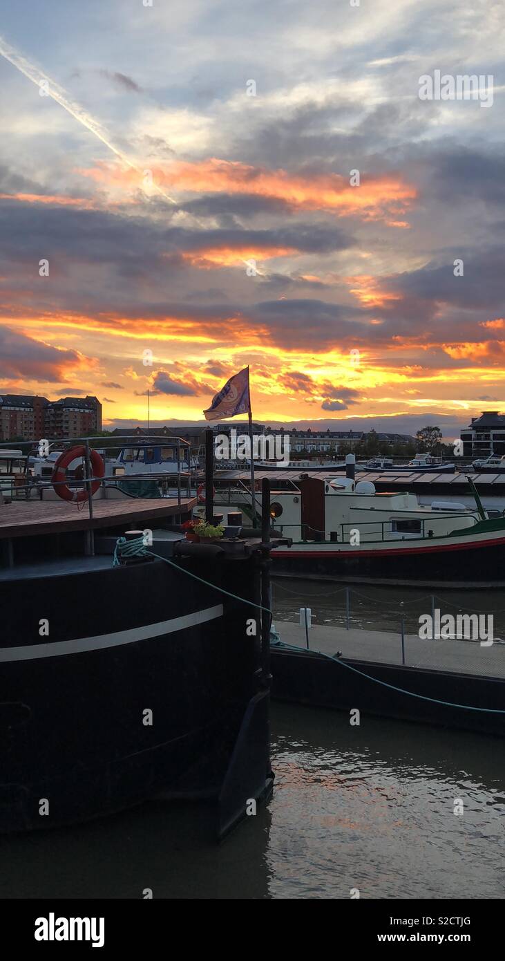 London sunset along the Thames featuring the Chelsea flag! Stock Photo ...