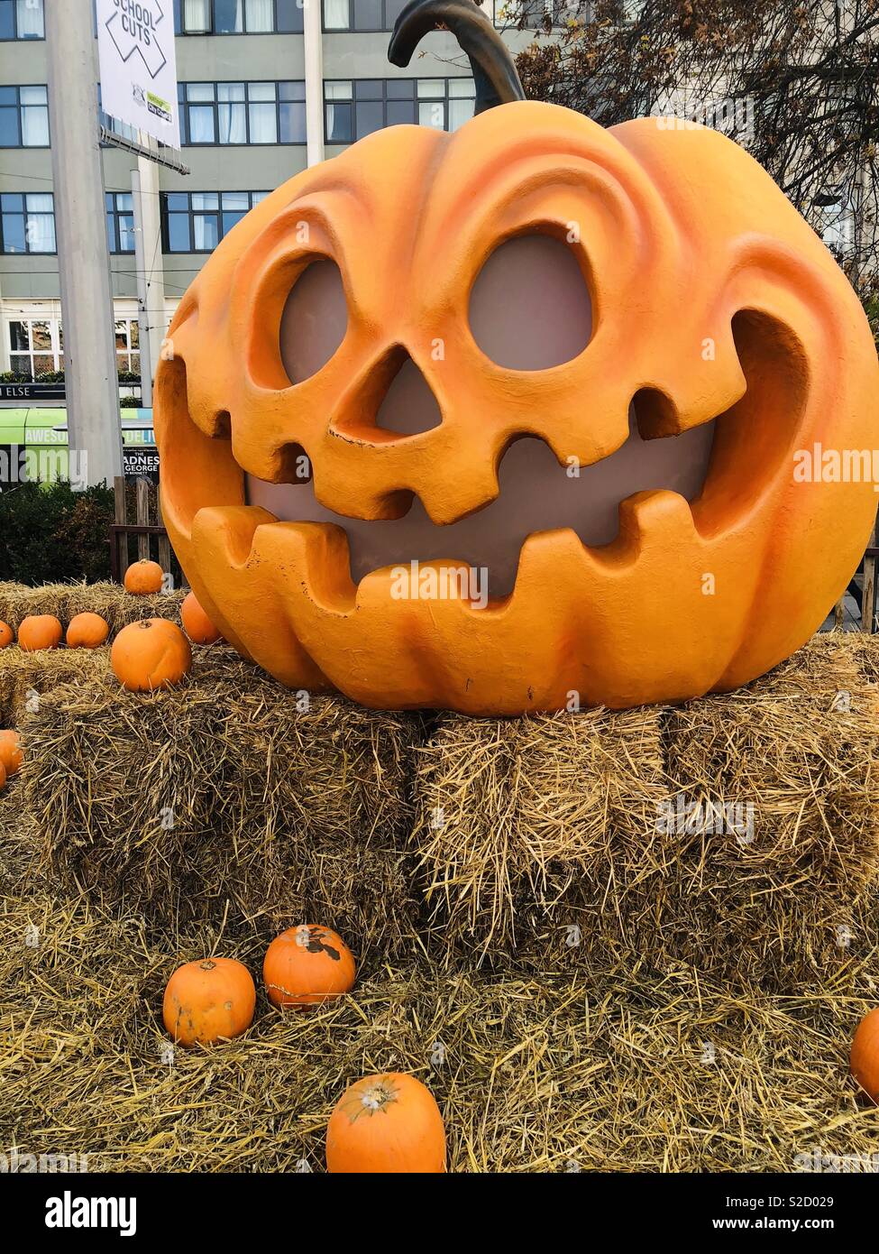 Pumpkin face statue and pumpkins Stock Photo - Alamy