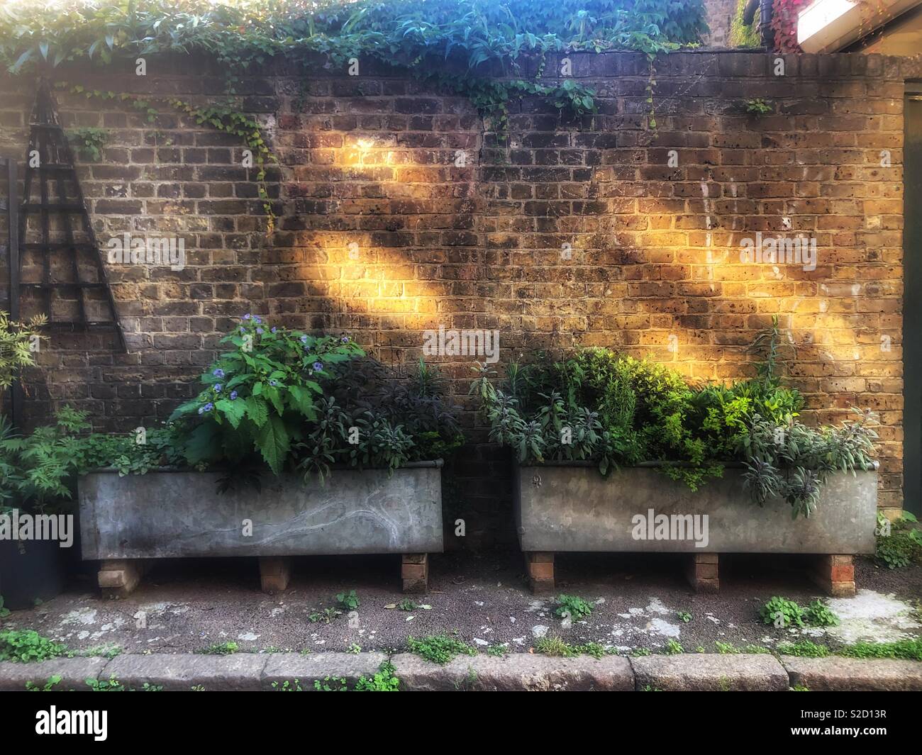 Rustic metal herb raised planters in a trough style against a brick ...