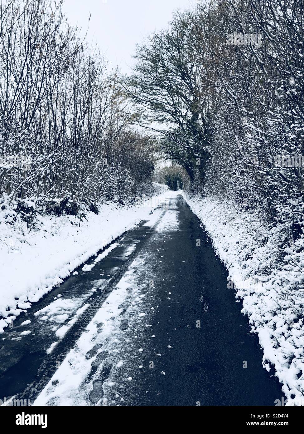 A snowy, icy and frosty road in the countryside Stock Photo - Alamy