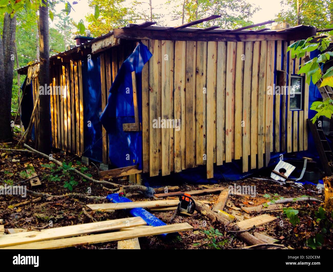 Chainsaw carpentry- cabin gets rustic makeover Stock Photo - Alamy