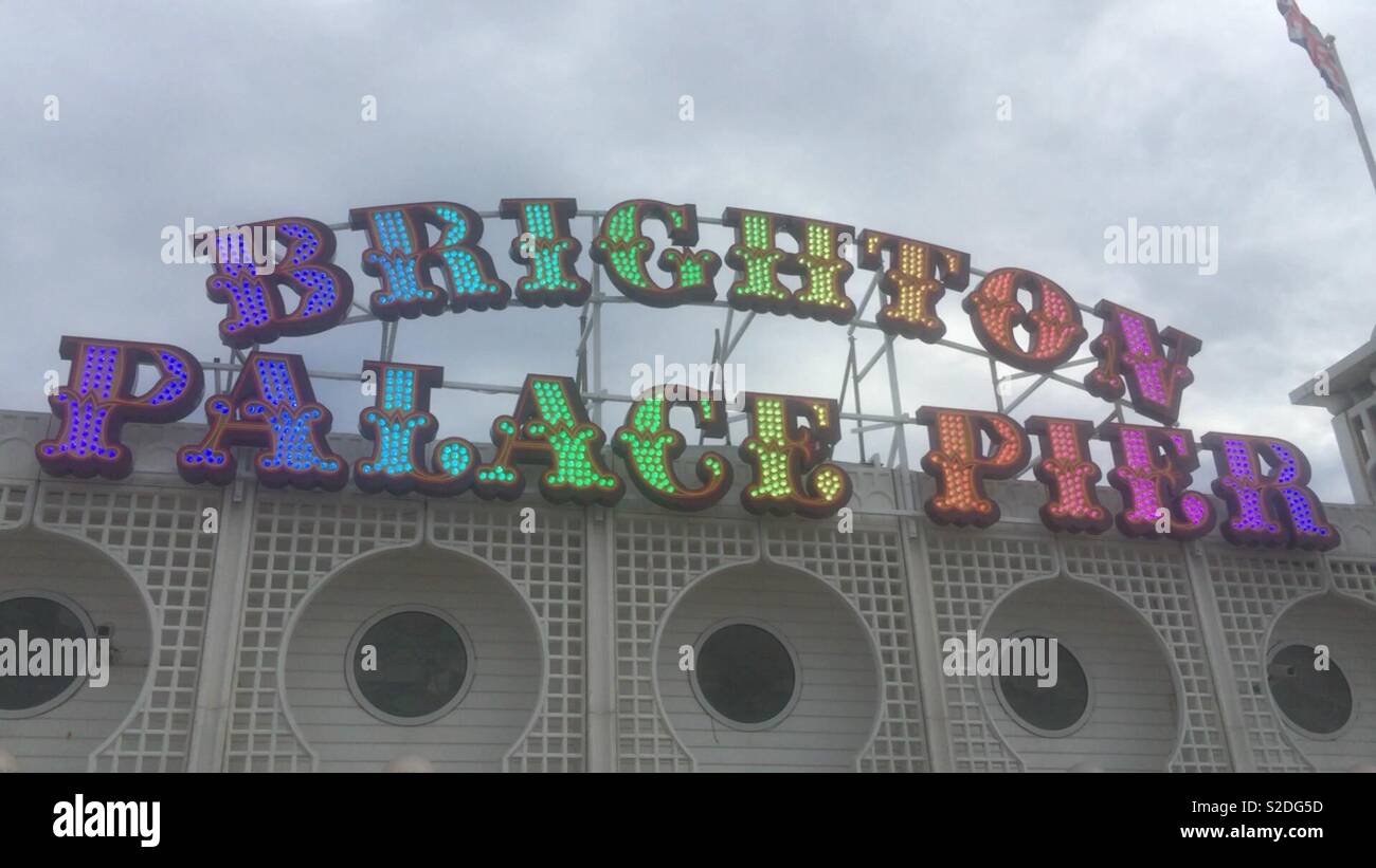 Brighton pier multicoloured sign Stock Photo - Alamy
