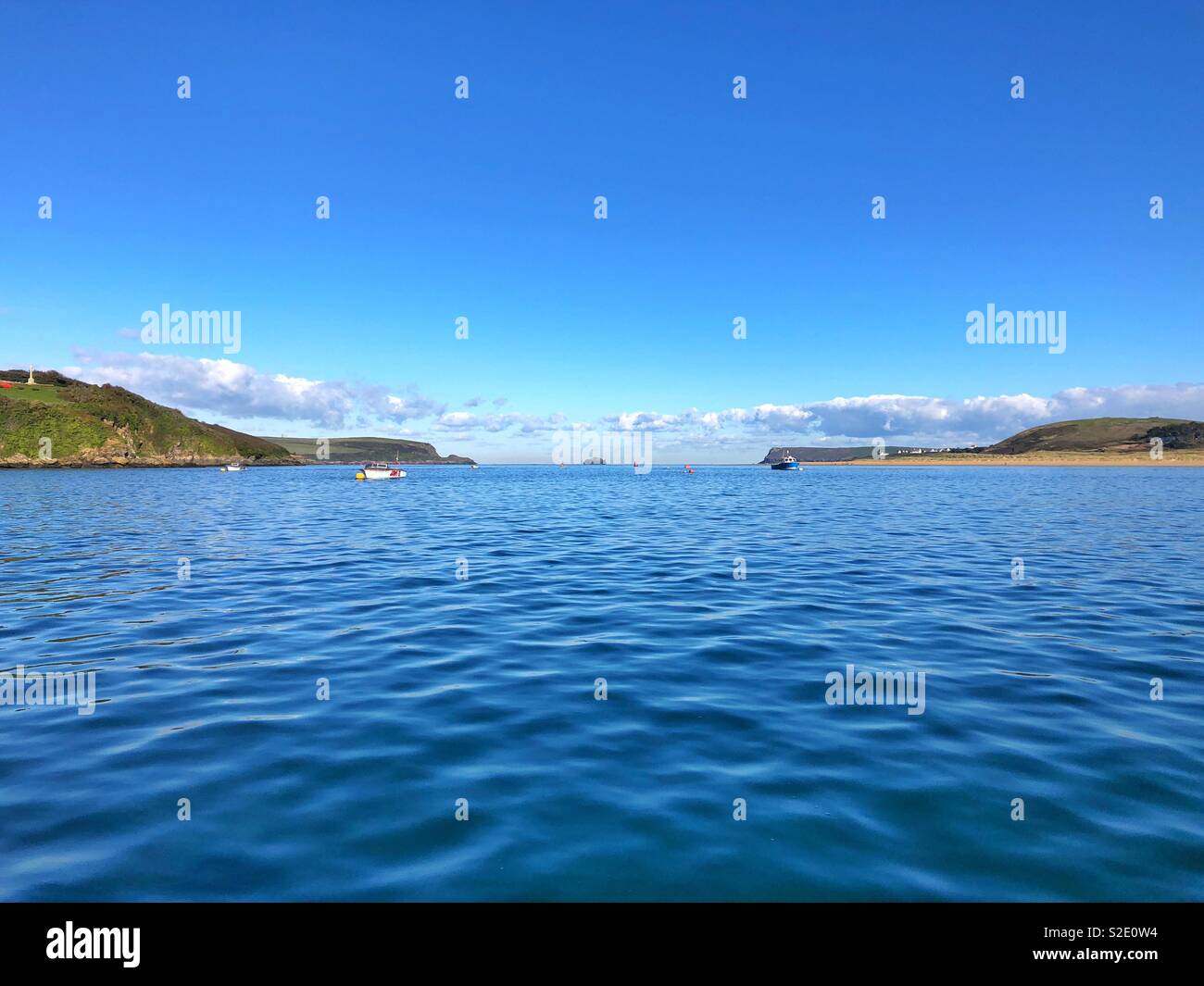 The river Camel estuary at high tide, looking seawards with Puffin ...