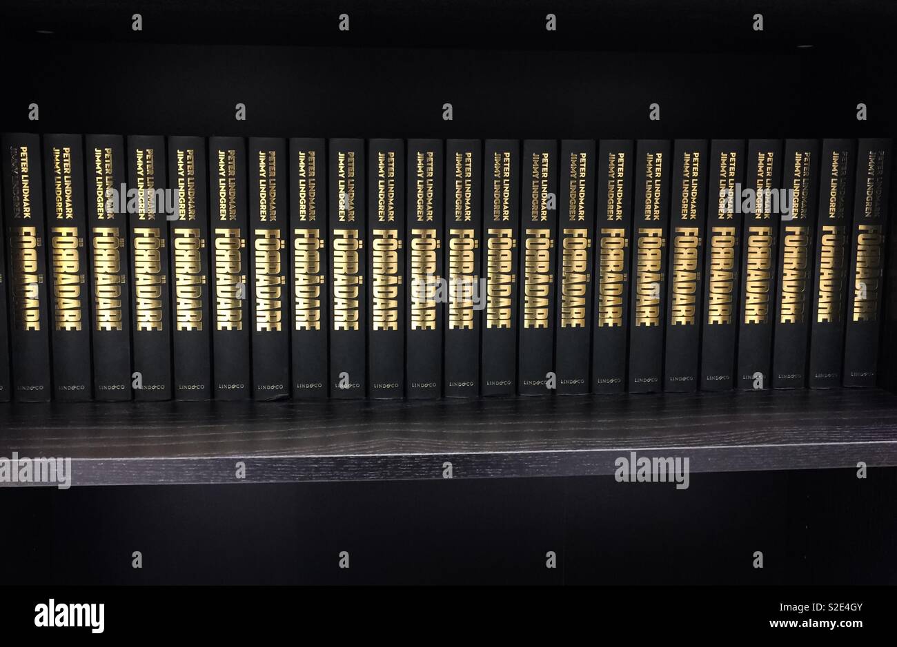 Modern bookshelf in black and gold. Twenty-three volumes arranged in a ...