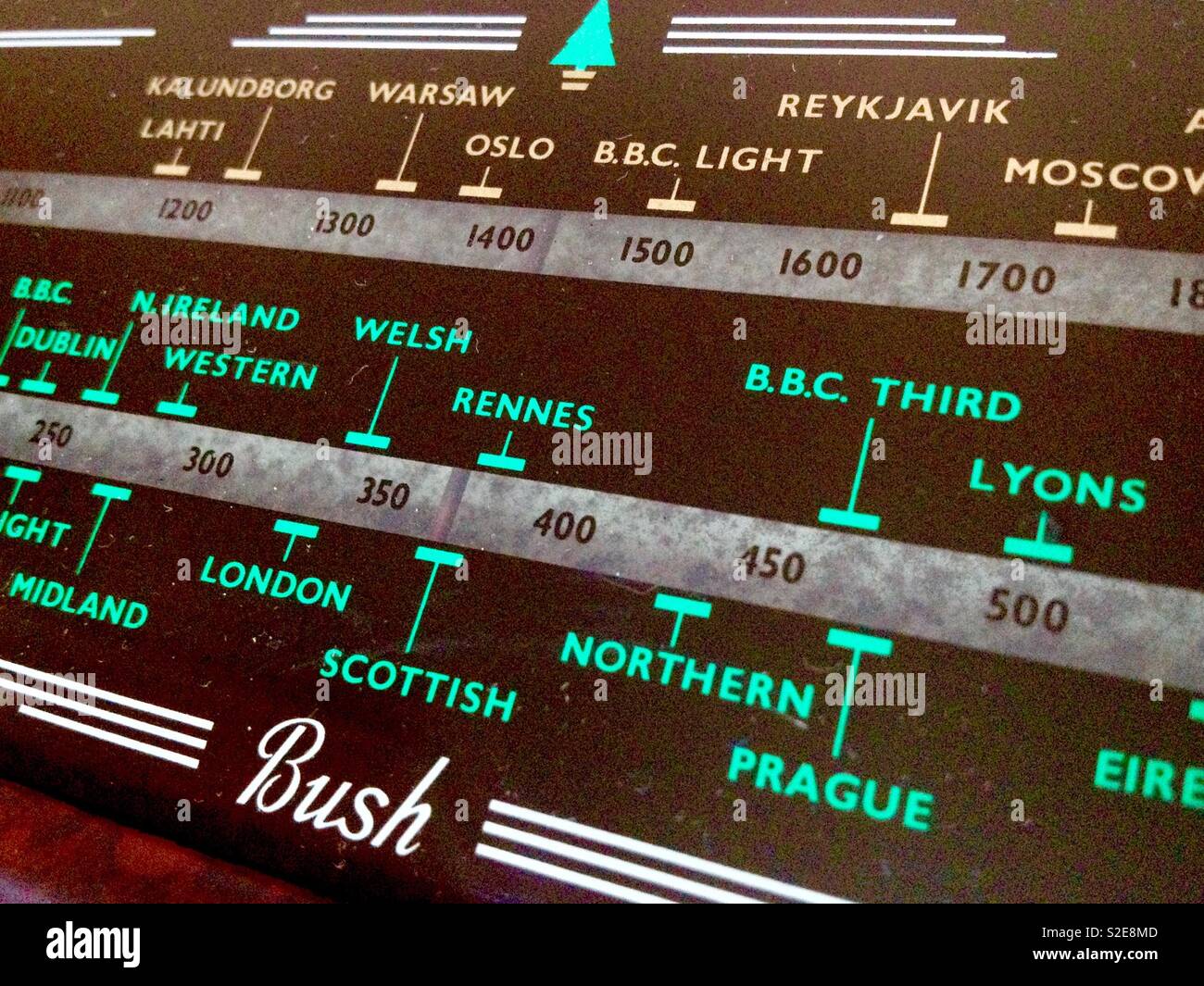 Close up of channel tuning list on 1950's bakerlite valve radio Stock ...