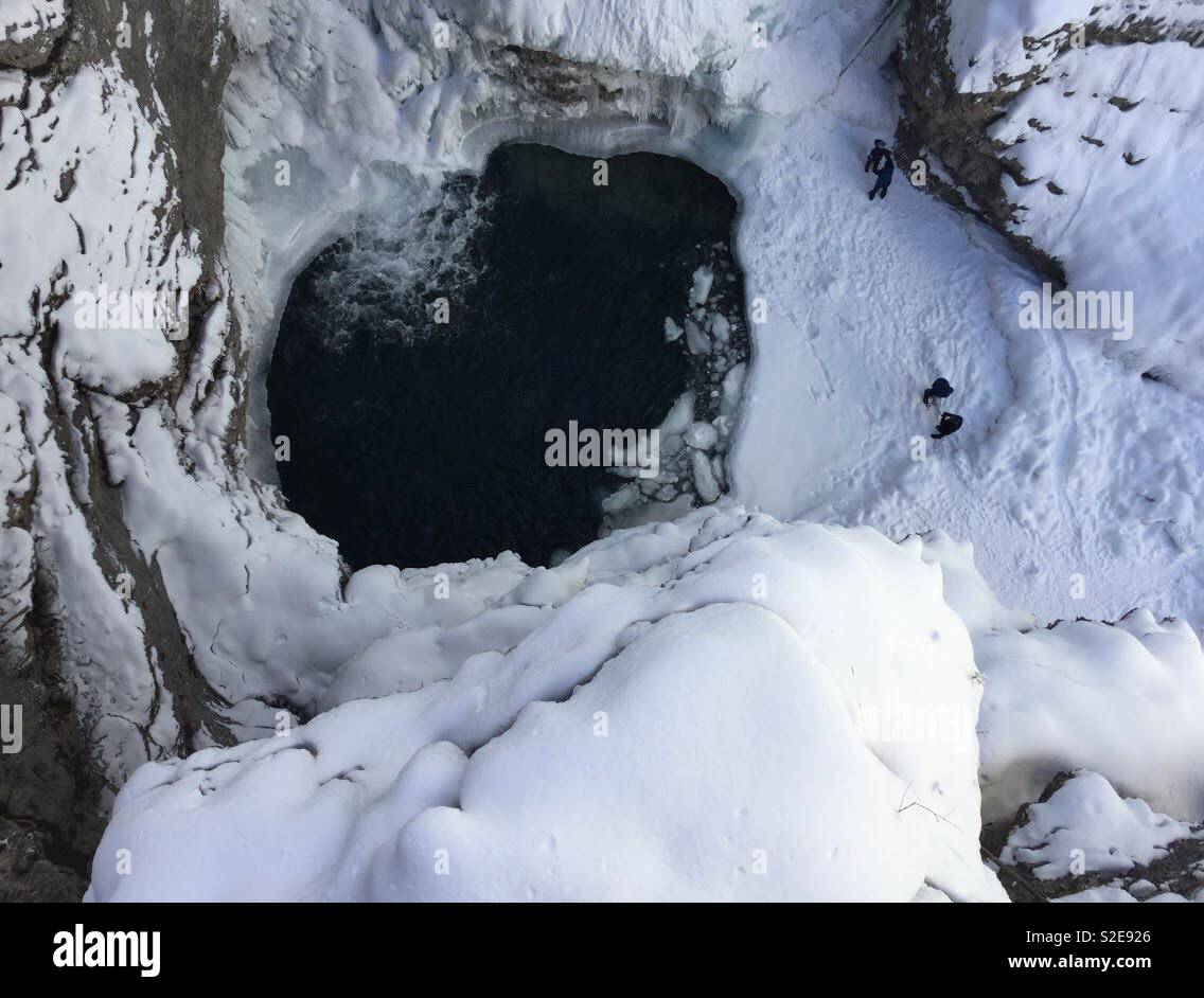 A top down view of a wintery waterfall scene in Banff Canada Stock ...