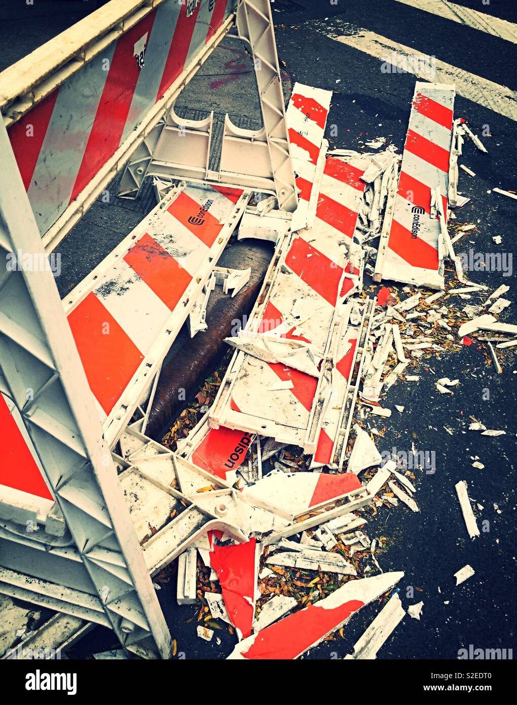 A pile of damaged barricades on the streets of New York, USA Stock ...