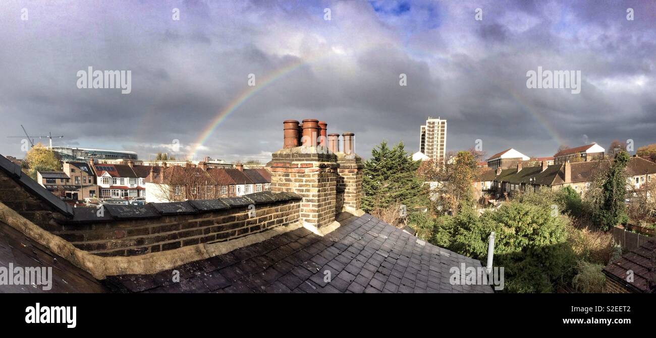 A rainbow over the Tottenham skyline looking toward Park Lane. To the ...