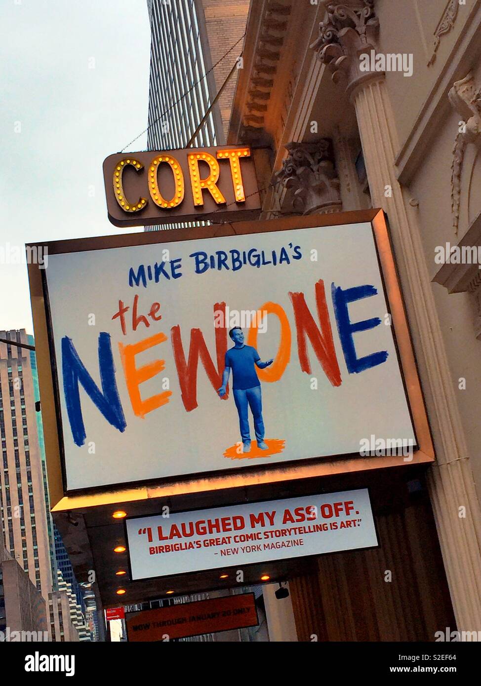 The cort theater marquee featuring the play the new one, Times square ...