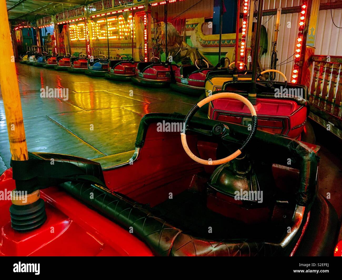 Empty parked dodgem cars at Dingles Fairground Heritage Centre Stock ...