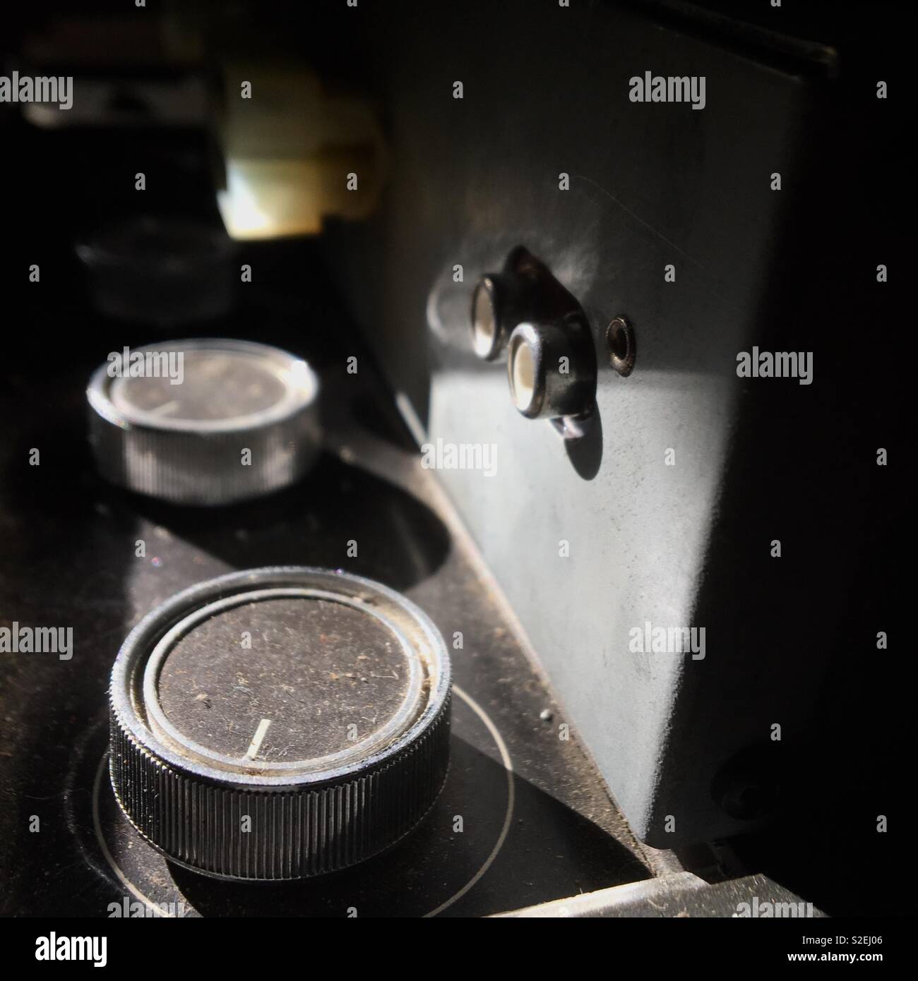 Volume control knobs are pictured on a vintage turntable Stock Photo ...