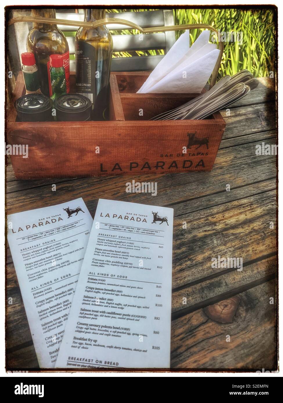 La Parada tapas restaurant and bar breakfast menu on table Stock Photo ...