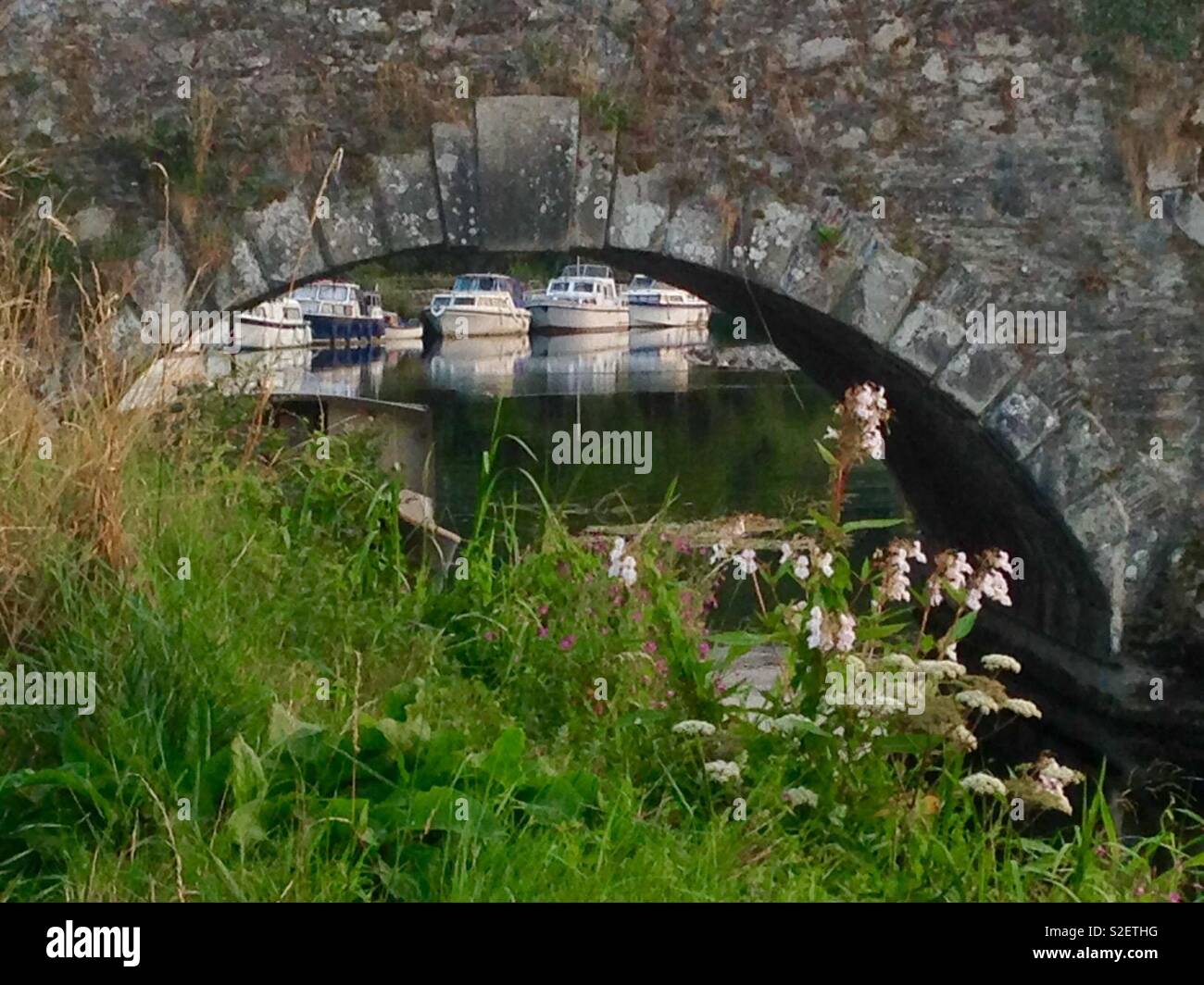 Looking through the stone arch of an old bridge on the River Barrow in ...