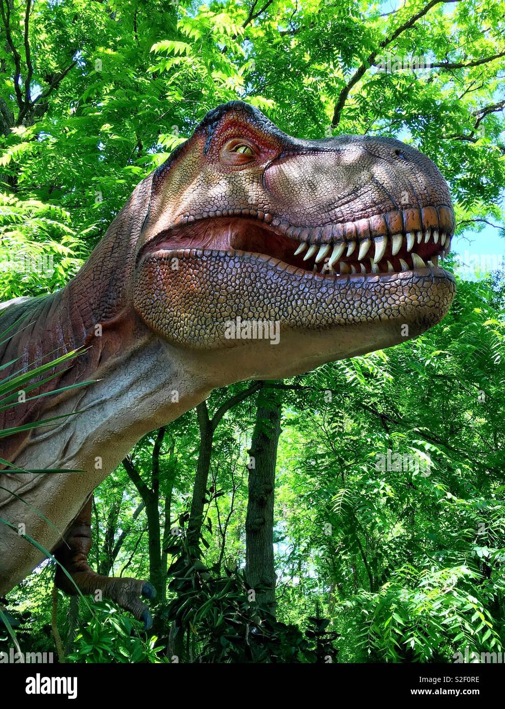 Robotic Tyrannosaurus Rex smiling in foliage Stock Photo - Alamy
