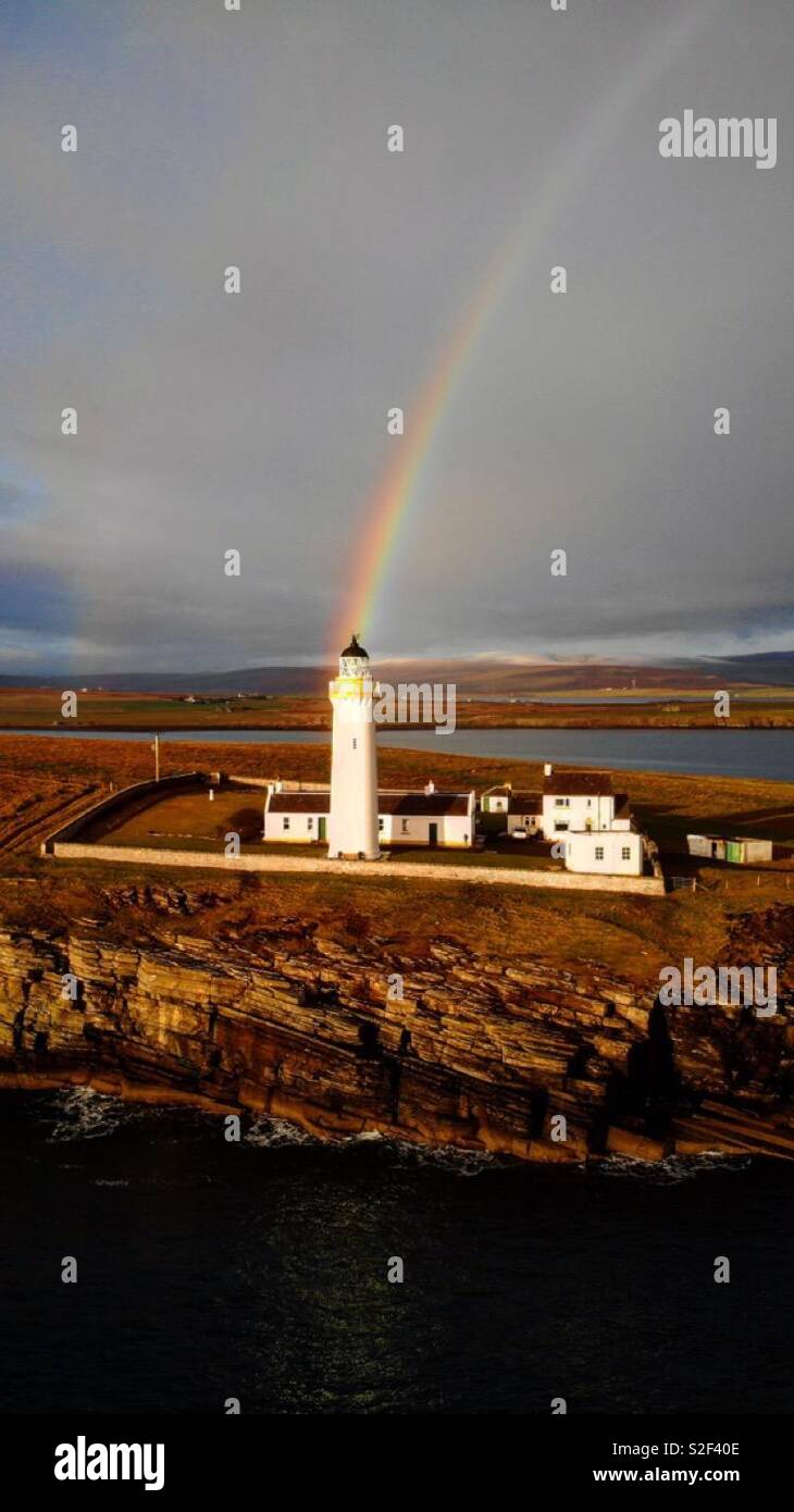 Rainbow over Cantick Head Lighthouse on Hoy Stock Photo - Alamy