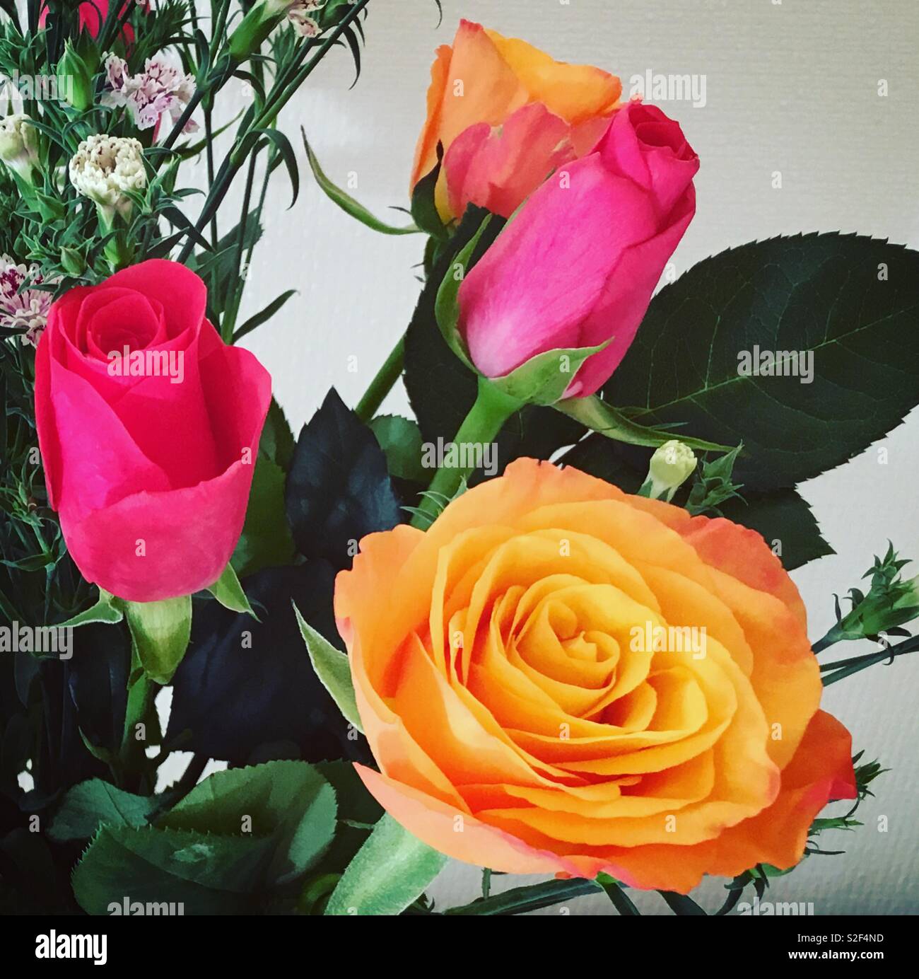 Bouquet of pink and orange roses and other flowers Stock Photo - Alamy