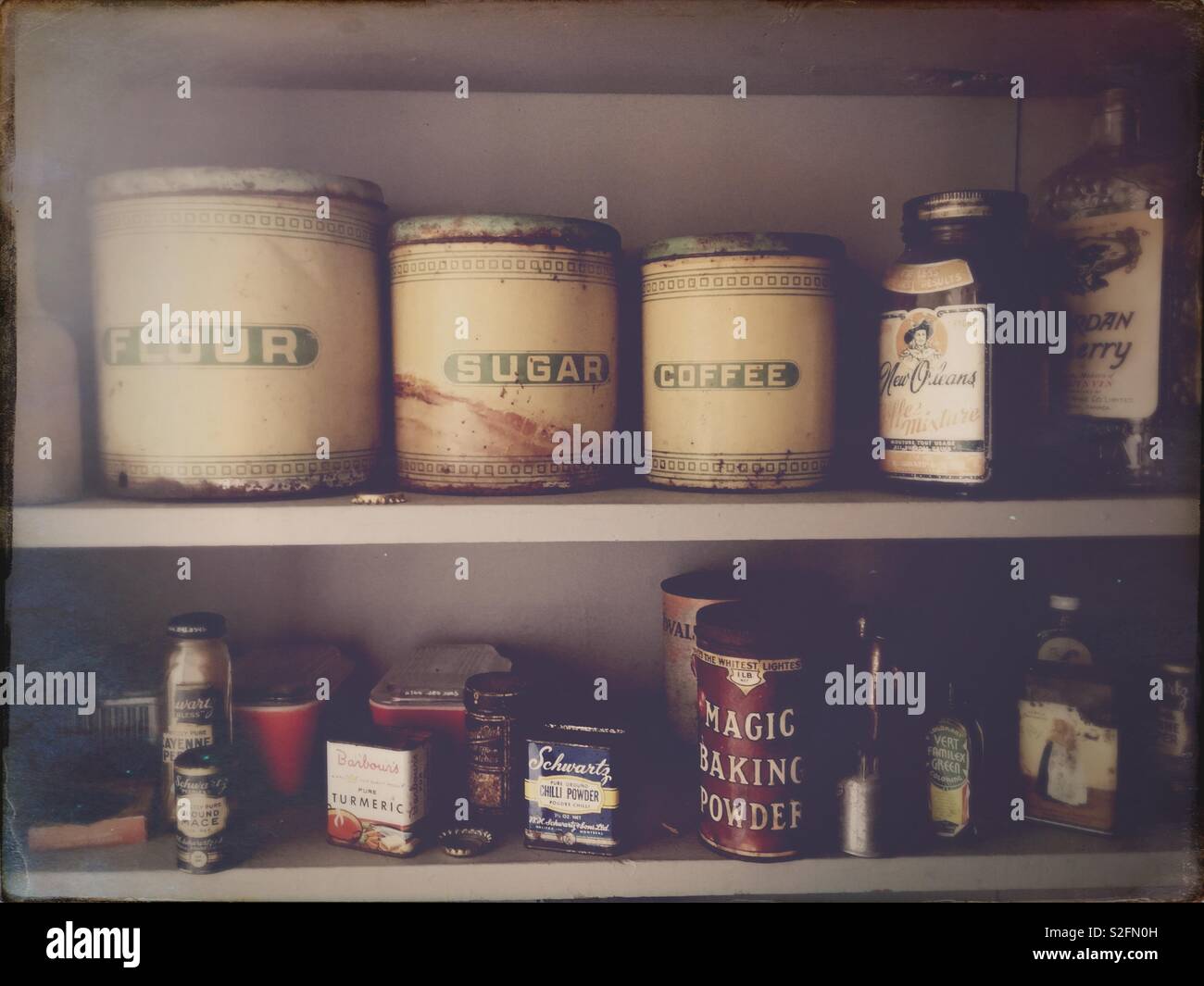Kitchen shelves with old containers and produce from the 1940’s Stock ...