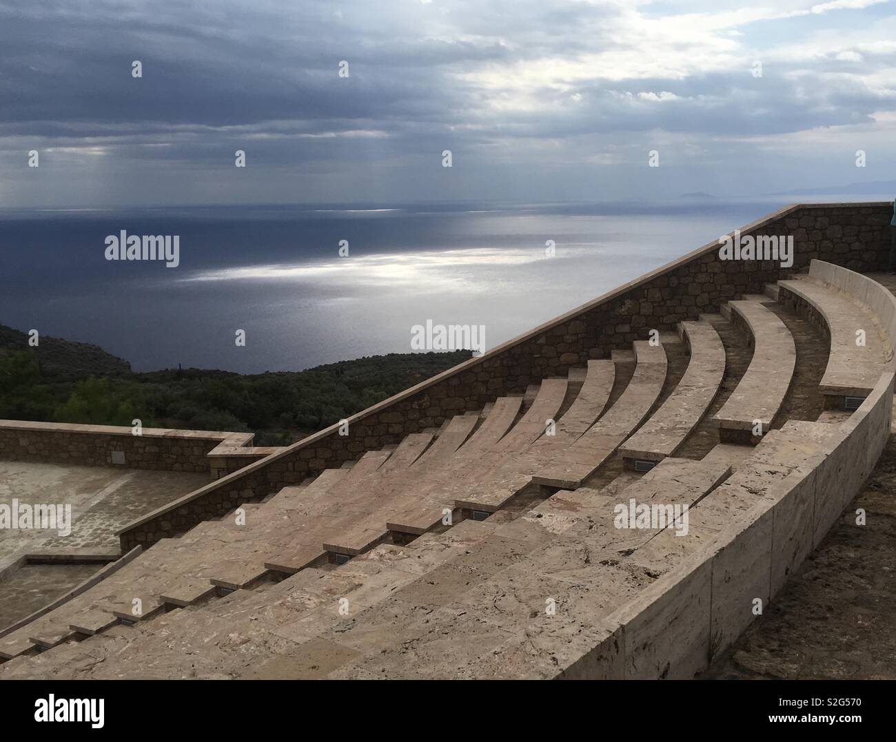 abandoned modern amphitheater Lefktro Greece by sea in moody weather ...