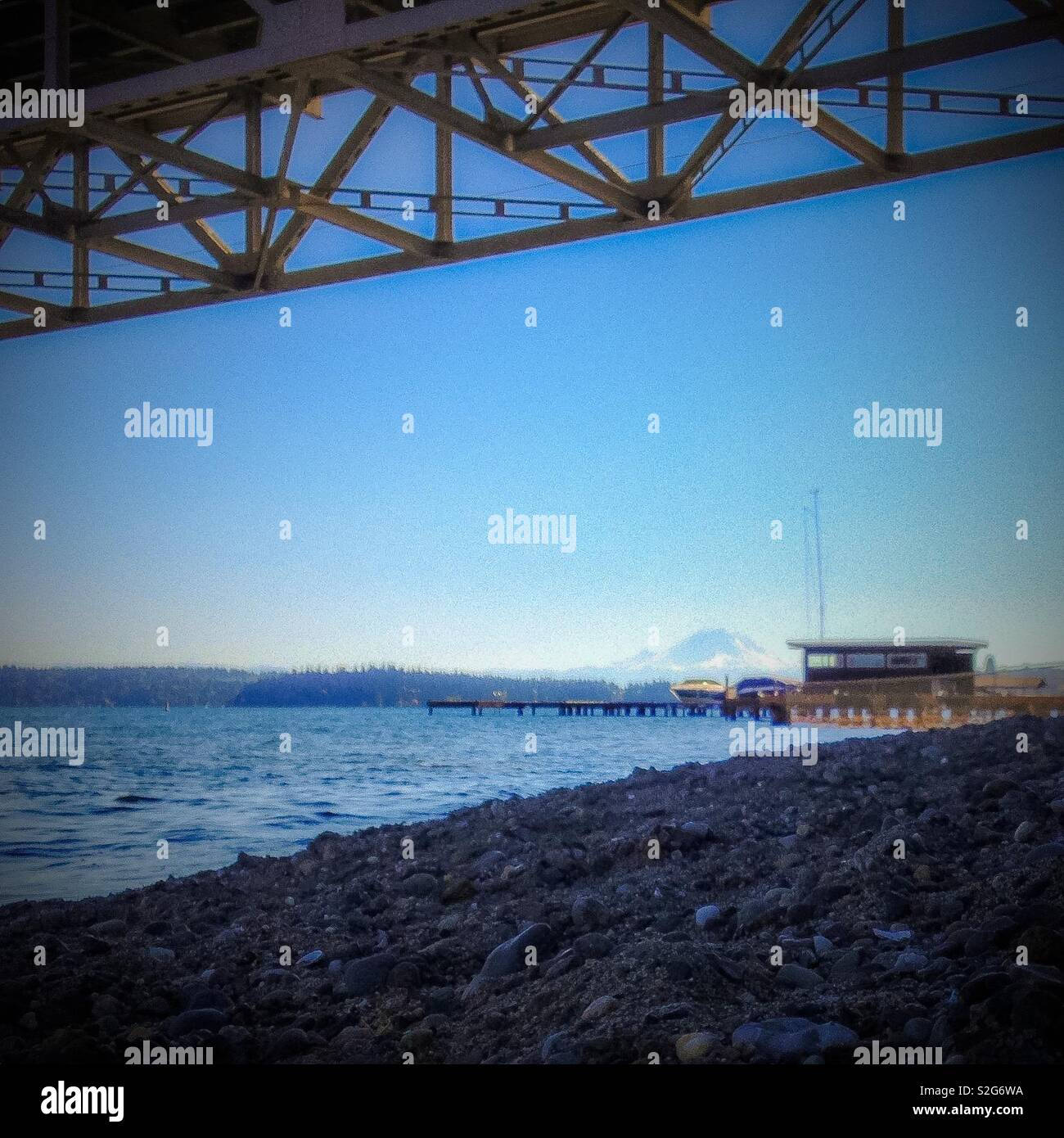 Autumn photo of view underneath I90 bridge to Mercer Island towards Mt ...